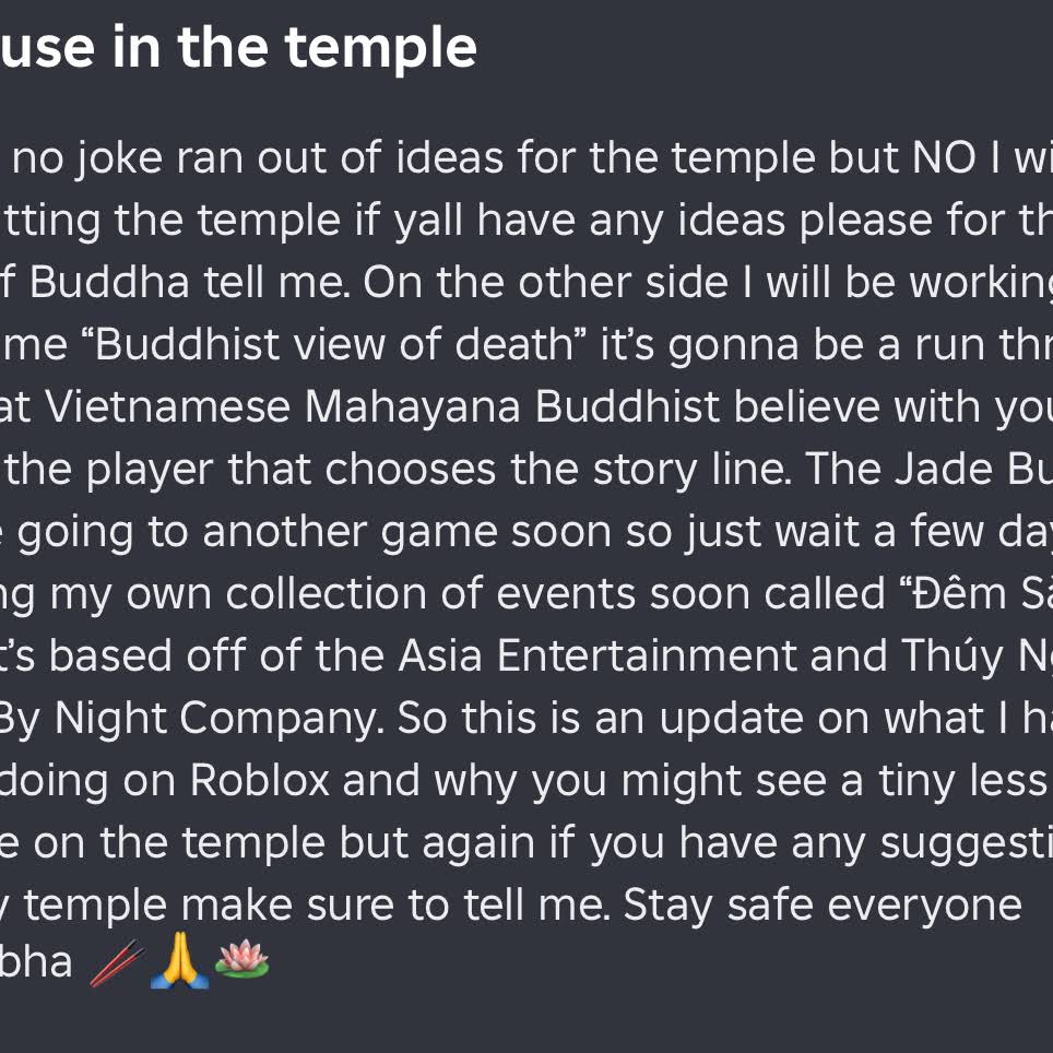 Post from The Official Roblox Buddhist Temple