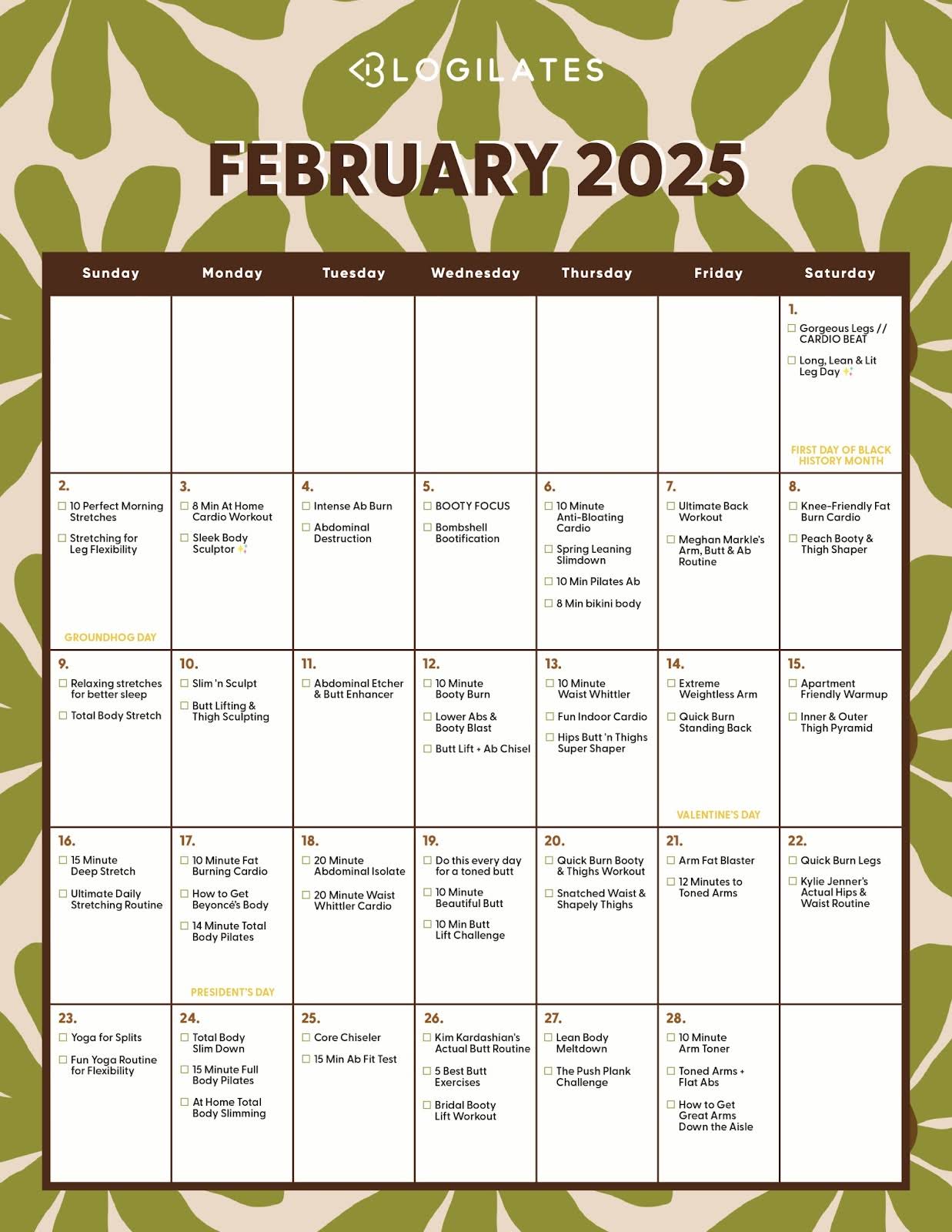 Your April Workout Calendar Workout Calendar Blogilates Workout