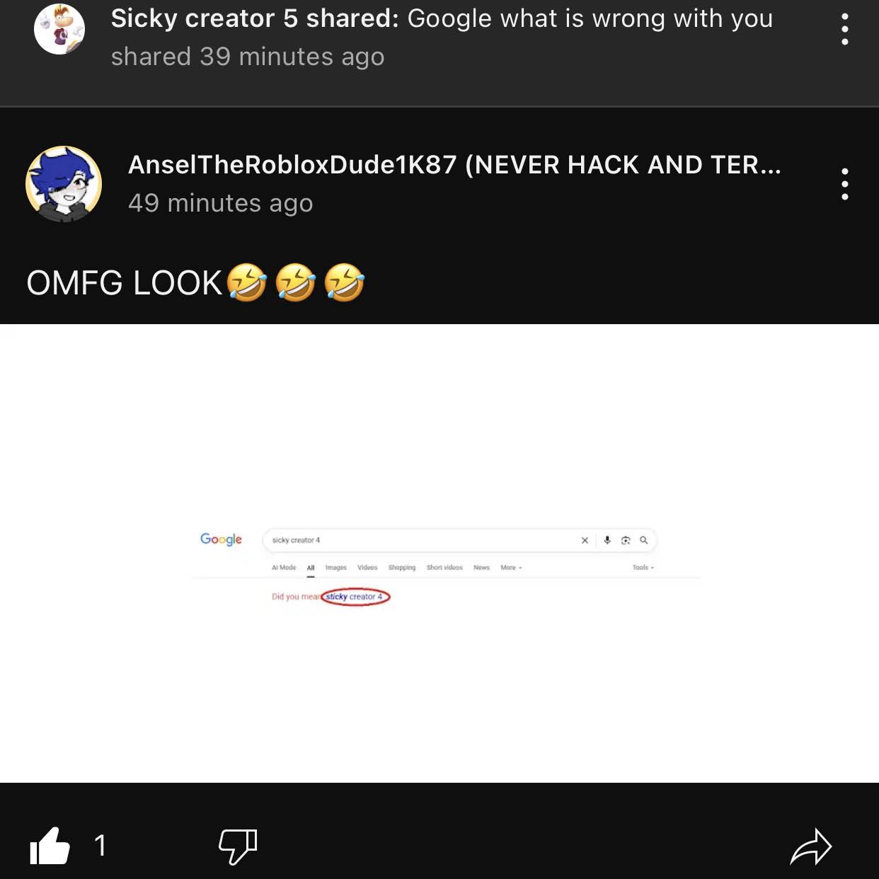 Post from AnselTheRobloxDude1K87 (NEVER HACK AND TERMINATE)