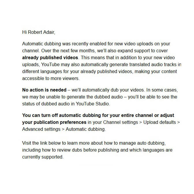 Post from Robert Adair