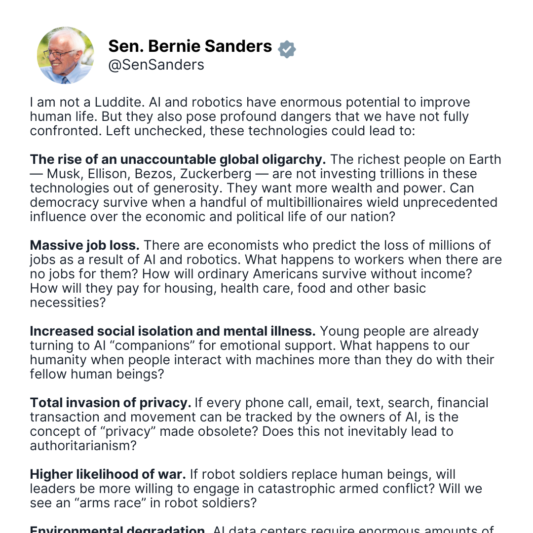 Post from Senator Bernie Sanders